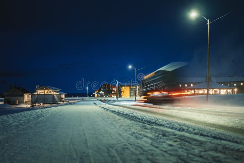 Illuminated Arctic Street: Winter Night in Svalbard Stock Photo - Image ...