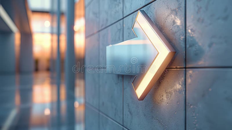 Illuminated Arrow Sign on a Modern Wall in a Hallway. Stock Image ...