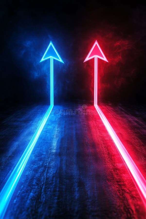 Illuminated Arrows on Distinctive Paths Set Against a Dark Environment ...
