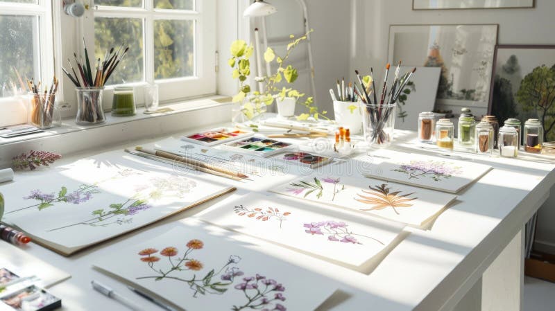 Illuminated Art Studio with Natural Light and Botanical Watercolor ...