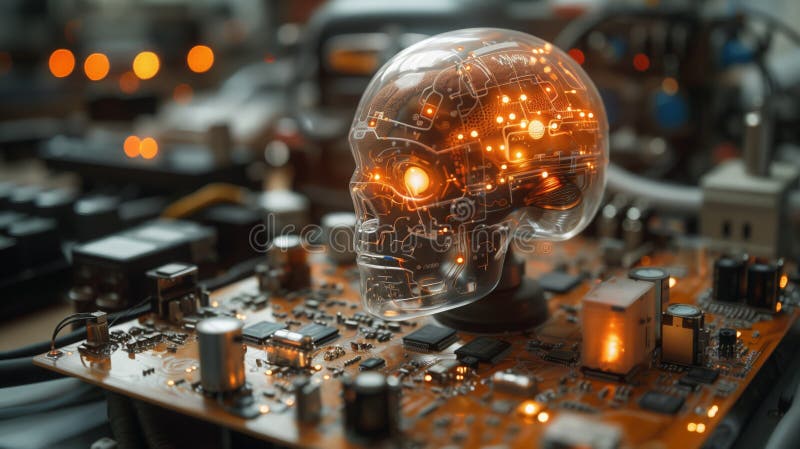 Illuminated Circuit Board Brain on a Tech Workbench Stock Image - Image ...