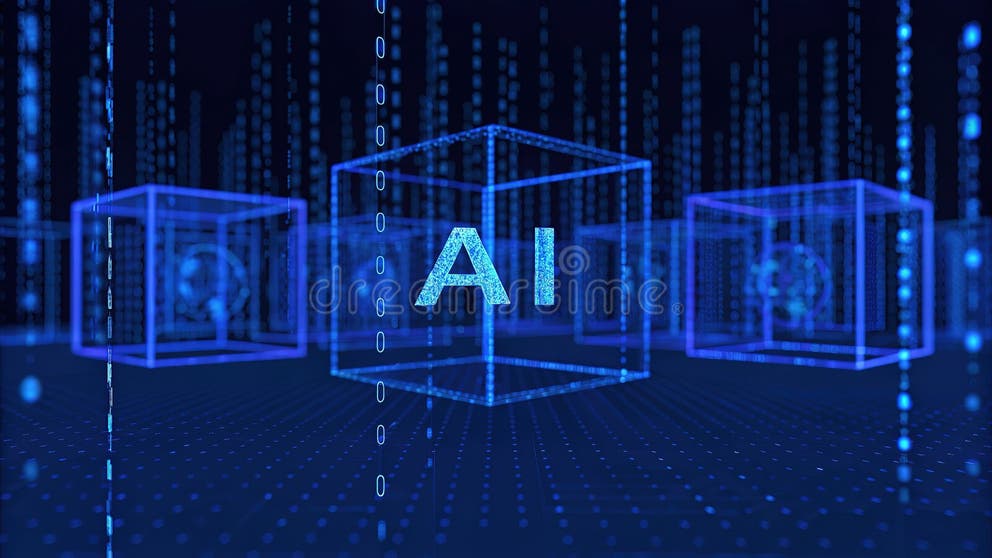 Illuminated Artificial Intelligence Acronym is Surrounded by Digital Cubes and Binary Code ...