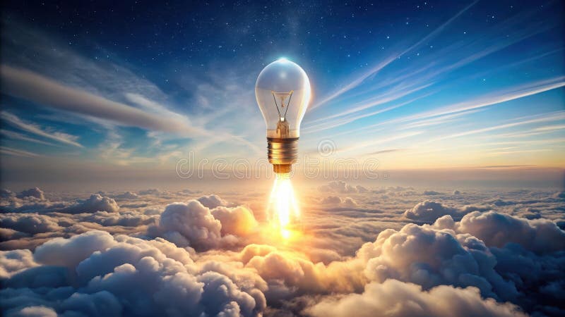 Illuminated Ascent a Lightbulb Soaring through Celestial Clouds Towards ...