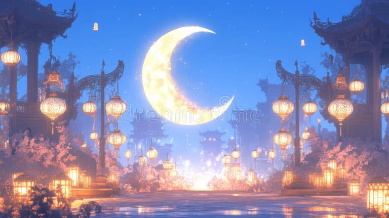 Illuminated Asian Pathway Under Crescent Moon Stock Illustration - Illustration of asian ...