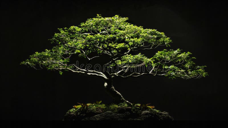 Illuminated Asian Tree Against Black Background a Serene and Graceful ...