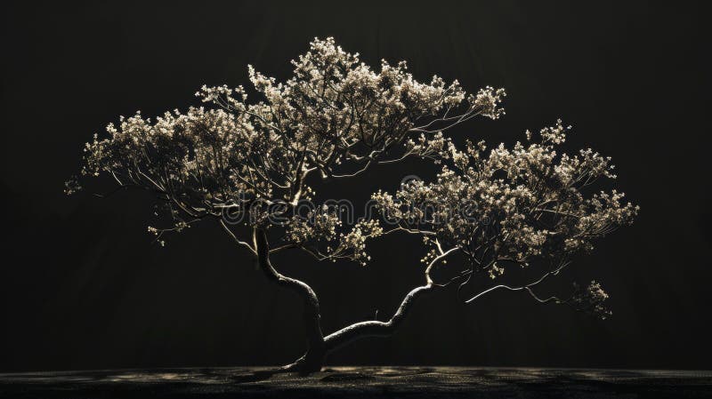 Illuminated Asian Tree on Black Background a Serene Silhouette ...