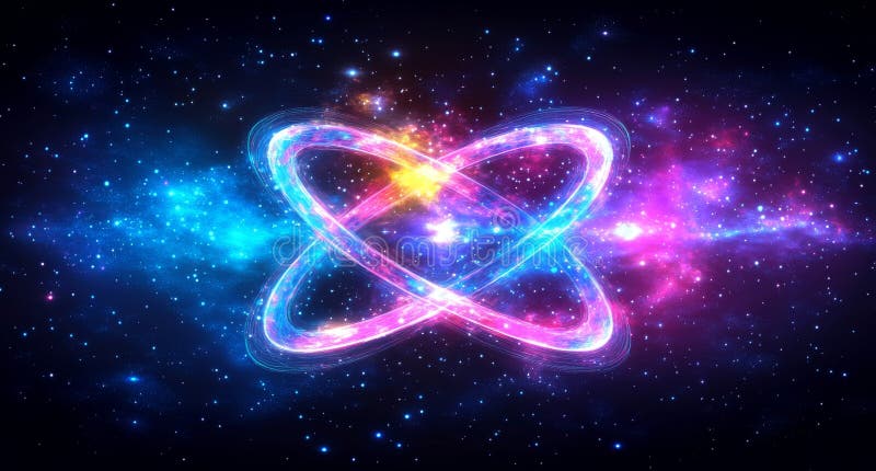 An Illuminated Atomic Model with Vivid Blue and Red Paths Revolving ...