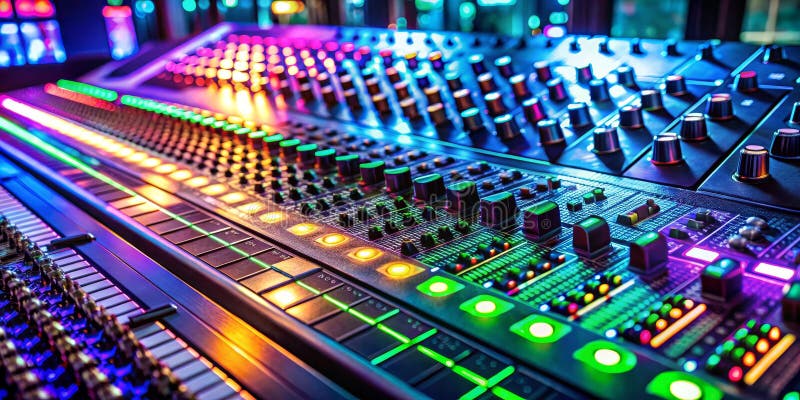 Illuminated Audio Mixer Control Panel with Colorful Lights and Keyboard ...