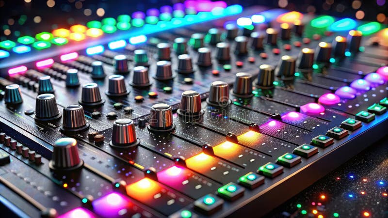 Illuminated Audio Mixer Controls a Close-up View of Colorful Knobs and ...