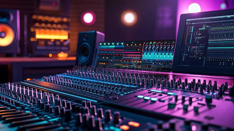 Illuminated Audio Workstation Displaying Mixer, Software, and Equipment ...