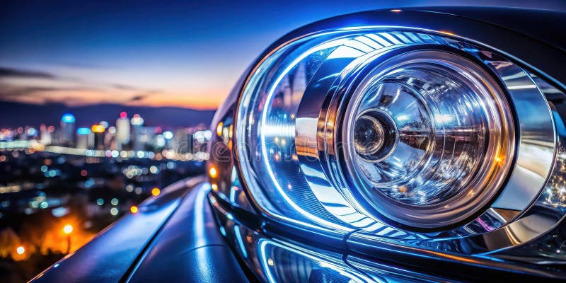 Illuminated Automobile Headlight Reflecting City Lights at Dusk ...