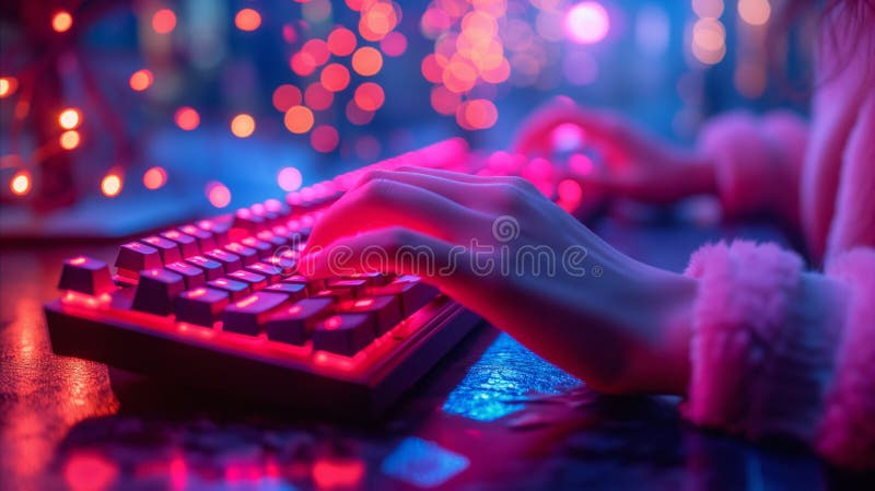 Close-up of Hands Typing on Backlit Keyboard with Festive Bokeh Lights ...