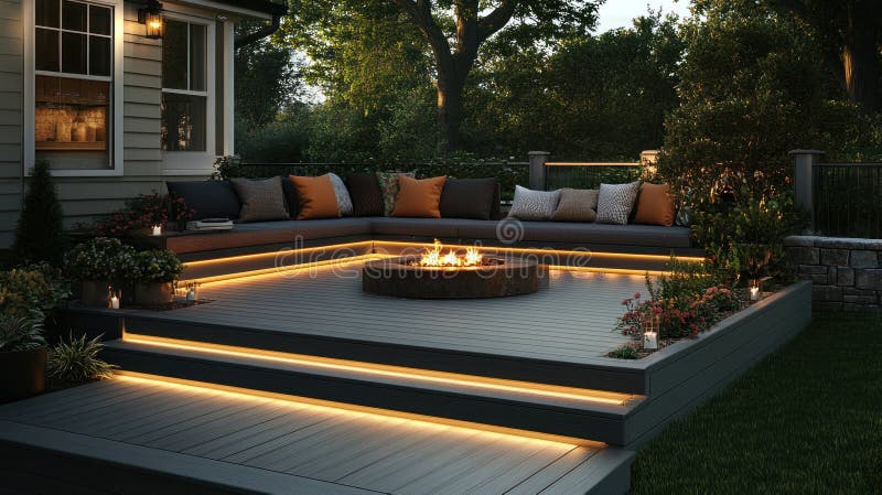 Illuminated Backyard Oasis, Modern Deck Design with Fire Pit Stock ...