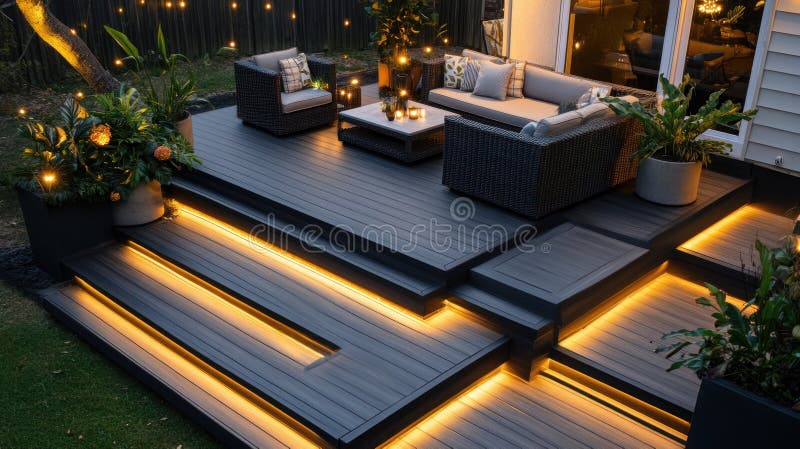 Illuminated Backyard Oasis, a Modern Deck Design with Integrated ...