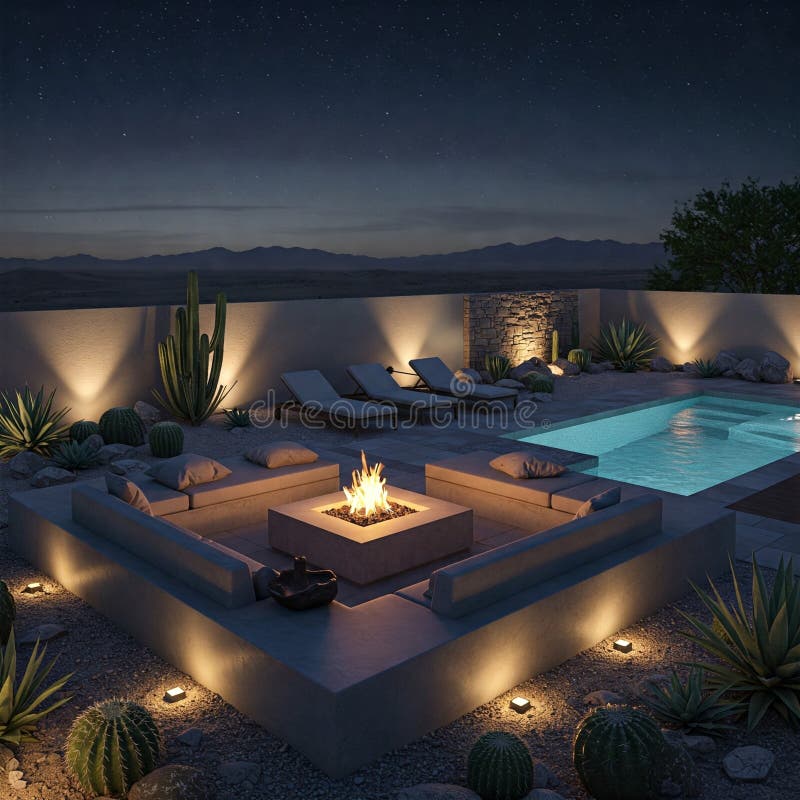 Illuminated Backyard Oasis Pool Desert Landscape (Generated with AI ...