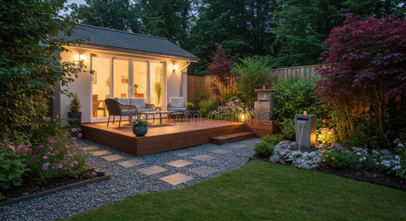 Illuminated Backyard Patio with Deck and Garden at Night Stock Image ...