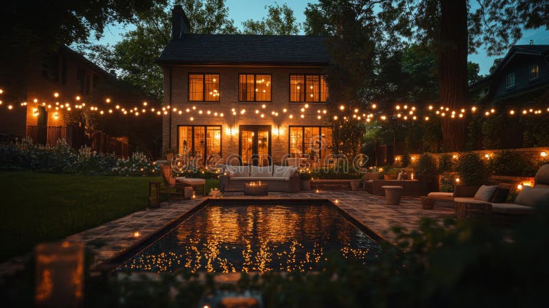 Illuminated Backyard Pool and House at Night Stock Illustration ...