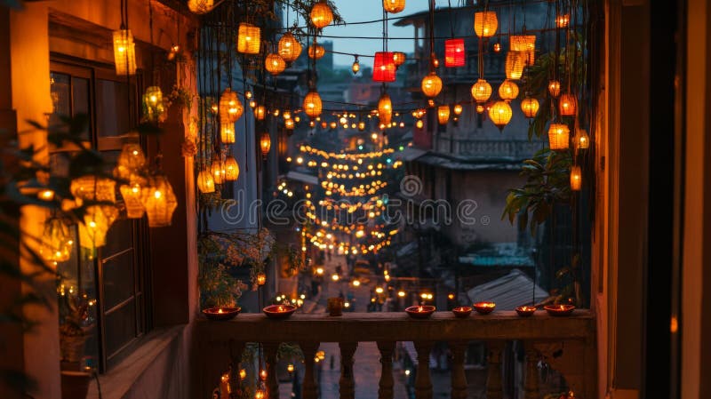 Illuminated Balcony Overlooking Night Street Lanterns Stock Image ...