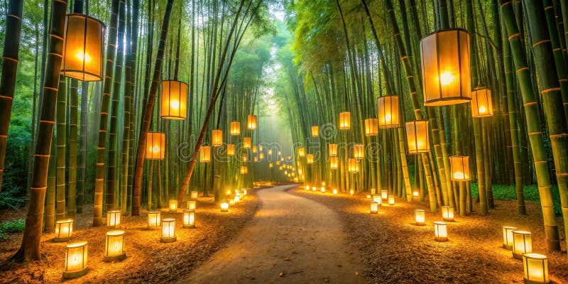 Illuminated Bamboo Forest Path a Serene Evening Stroll among Glowing ...