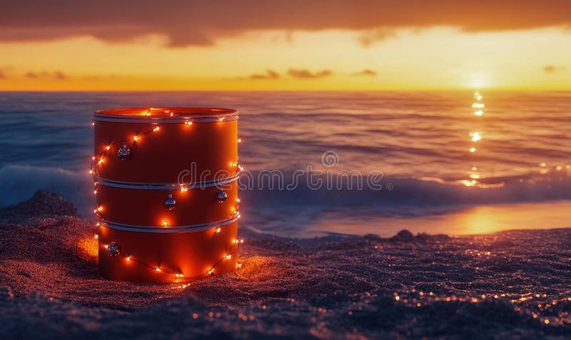 Illuminated Barrel Wrapped in String Lights on a Beach at Sunset Stock ...