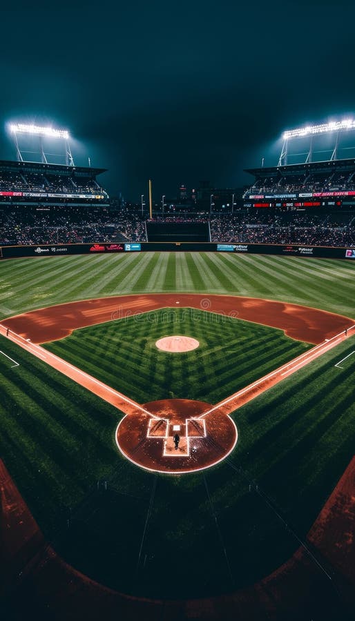 Illuminated Baseball Field from Behind Home Plate, Night Game ...
