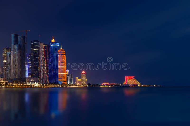 Illuminated Beautiful Doha Skyline after Sunset Editorial Photo - Image ...