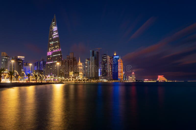 Illuminated Beautiful Doha Skyline after Sunset Editorial Photography ...