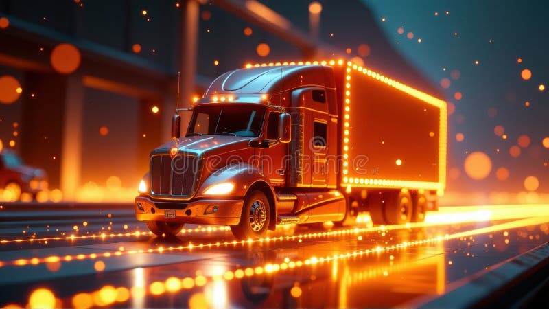 Illuminated Big Rig Truck on Highway at Night Stock Illustration ...