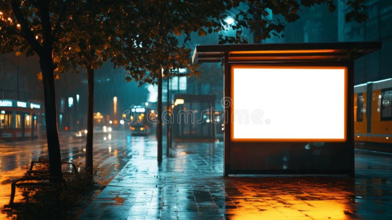Illuminated Billboard in Rainy City Night Stock Illustration ...