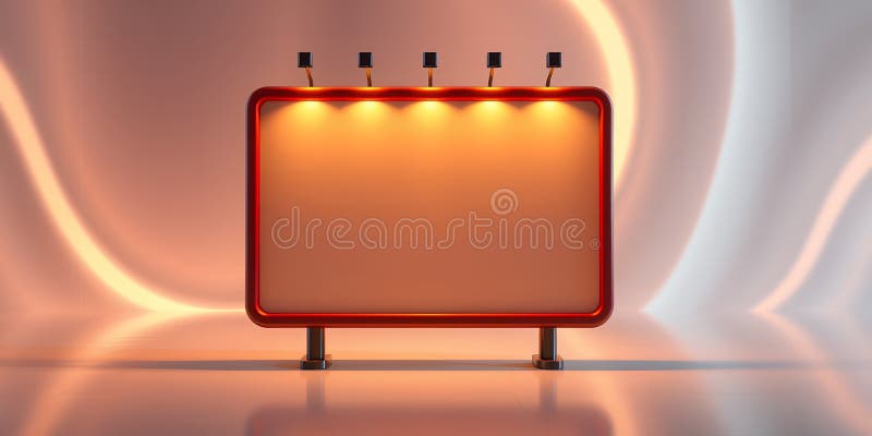Illuminated Billboard with Red Frame and Lights on Top Against Abstract ...