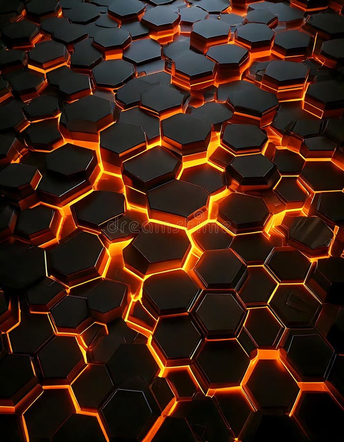 Illuminated Black Hexagonal Grid Radiating Orange Glow Creating a ...