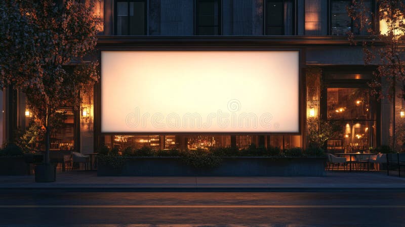 Illuminated Blank Billboard Ad Space on Building Facade at Dusk in the ...