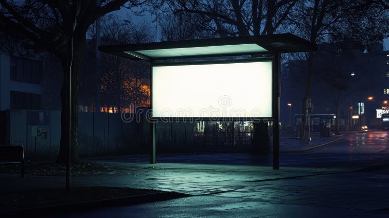 Illuminated Blank Billboard at a Bus Stop at Night Stock Illustration ...