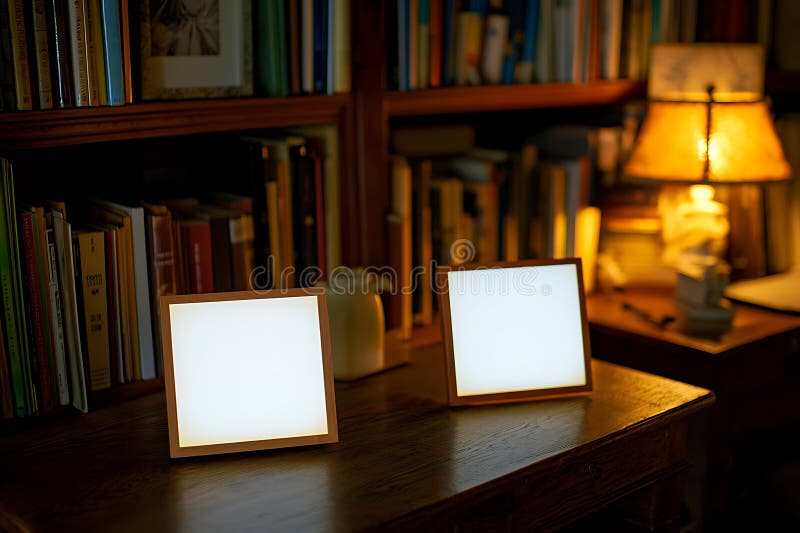 Illuminated Blank Frames on a Wooden Desk in a Cozy Study Two Bright ...