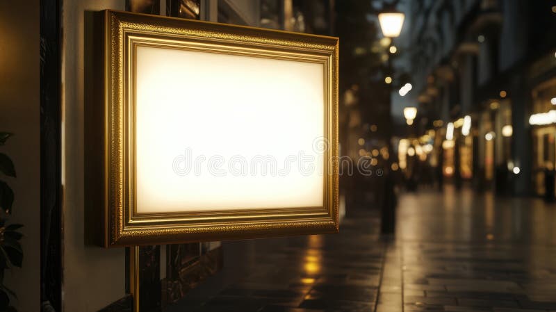 Illuminated Blank Gold Frame on City Street at Night Stock Photo ...