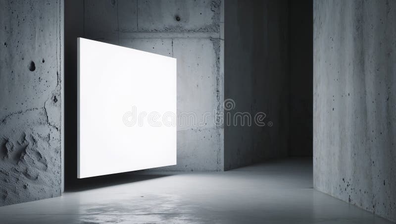 Illuminated Blank Square Display on a Textured Concrete Wall Indoors ...