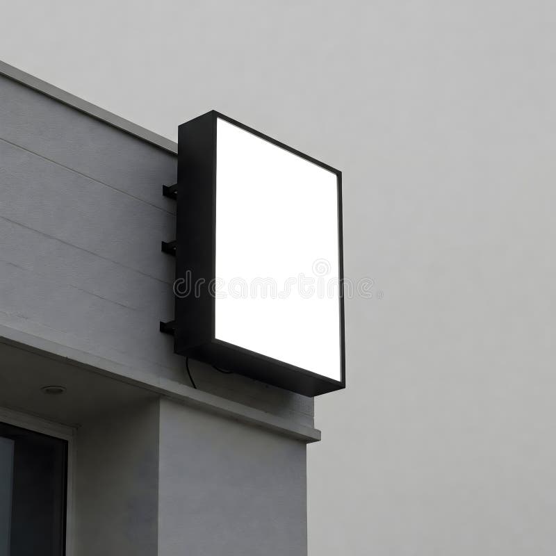 Illuminated Blank Square Sign Mounted on a Gray Building Exterior ...