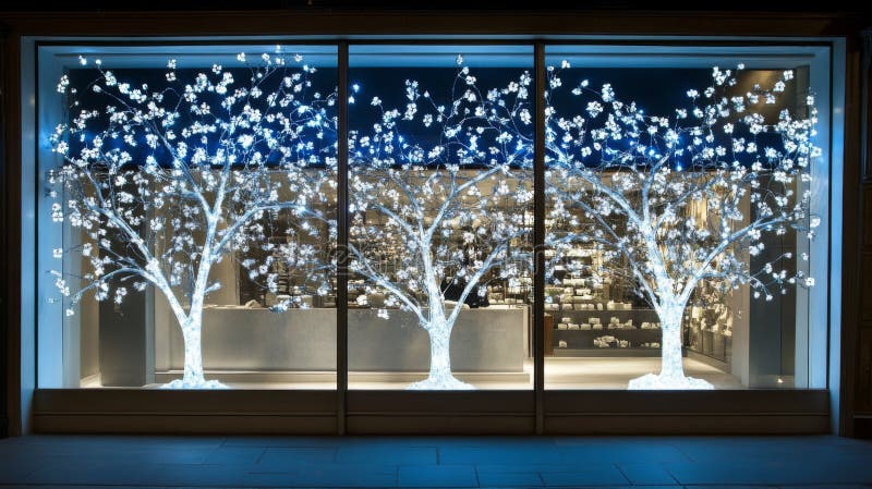 Illuminated, Blossoming Trees Displayed in a Nighttime Storefront ...