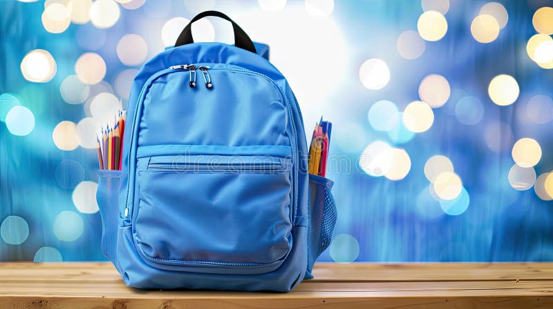 Illuminated Blue Backpack on Wooden Table Stock Image - Image of ...