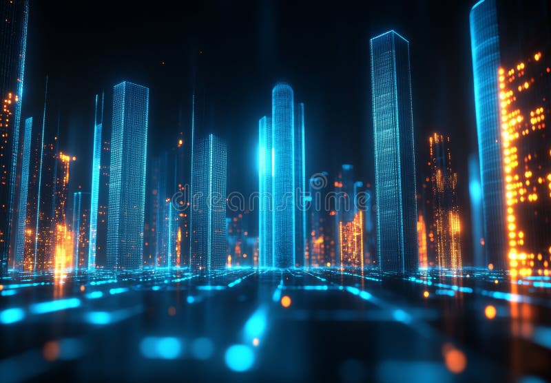 An Illuminated Blue Bar Chart, Ascending, Rises from a Dark, Reflective ...