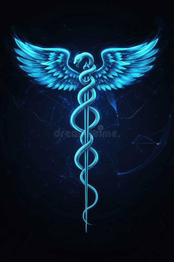Illuminated Blue Caduceus Symbol with Wings on a Dark Background Stock ...