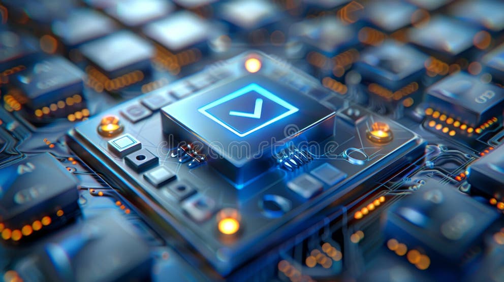 Illuminated Blue Checkmark on a Circuit Board. Concept of Technology ...