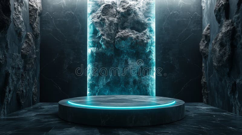 An Illuminated Blue Circle Serves As the Backdrop in a Modern Interior ...