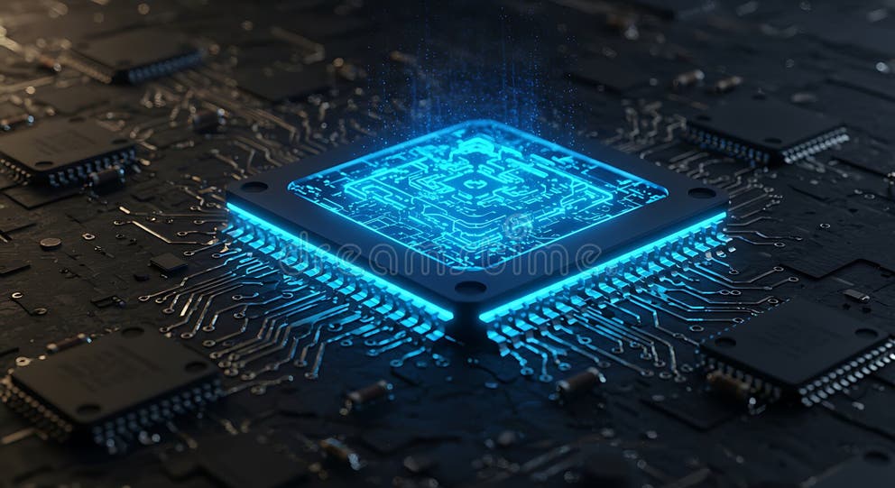 Illuminated Blue Circuit Board Computer Chip Technology on Dark Surface ...