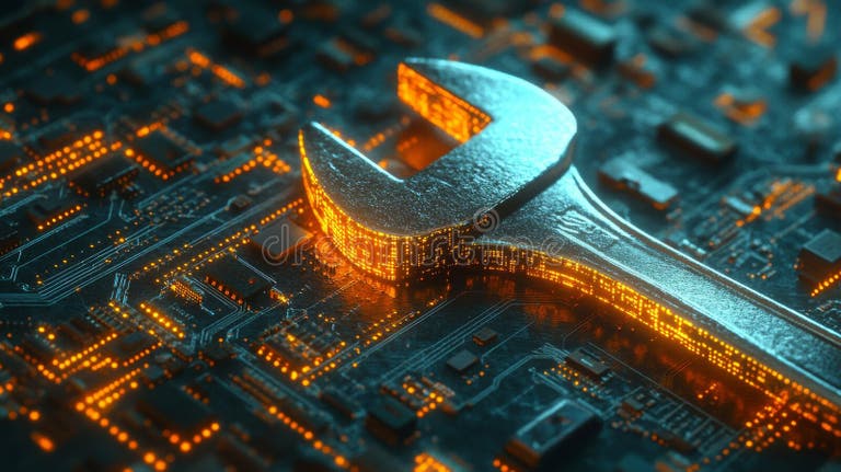 An Illuminated Blue Digital Spanner with Binary Code, Representing AI ...