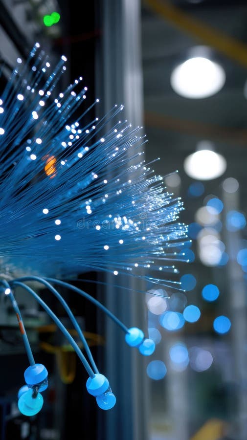 Illuminated Blue Fiber Optic Cables Transmitting Data within a Data ...