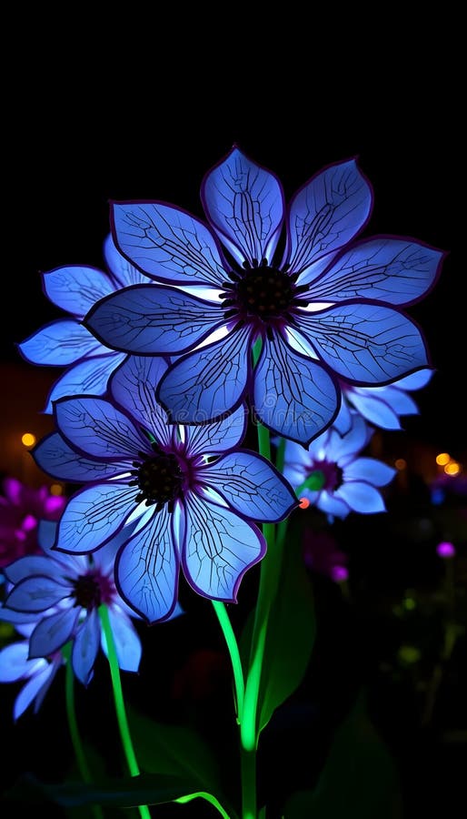 Illuminated Blue Flowers Glow Brightly in the Darkness of Night Stock ...