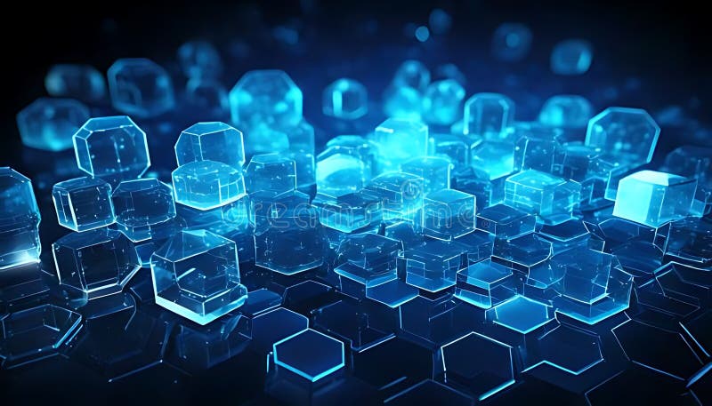 Illuminated Blue, Geometric Shapes Rest Above a Dark, Reflective ...