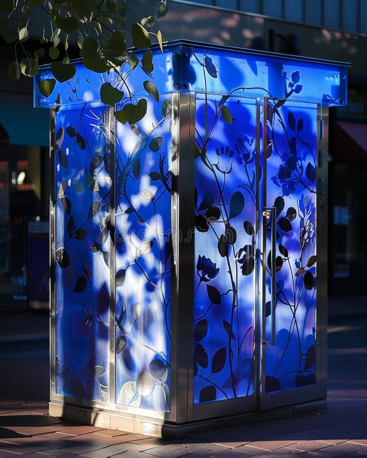 Illuminated Blue Glass Booth with Floral Design in Urban Setting Stock ...
