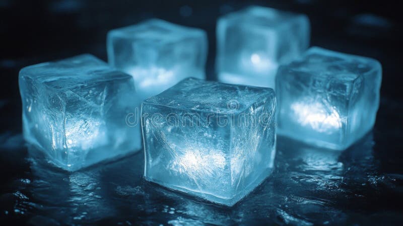 Illuminated Blue Ice Cubes on Dark Reflective Surface Stock ...